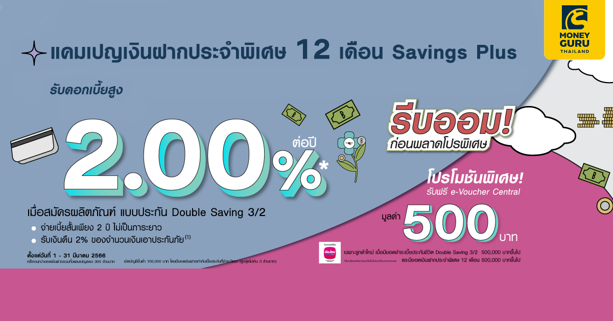 โปรโมชันเงินฝากประจำพิเศษ 12 เดือน Savings Plus รับดอกเบี้ยสูง 2.00% ต่อปี รีบออมก่อนพลาดโปร ...